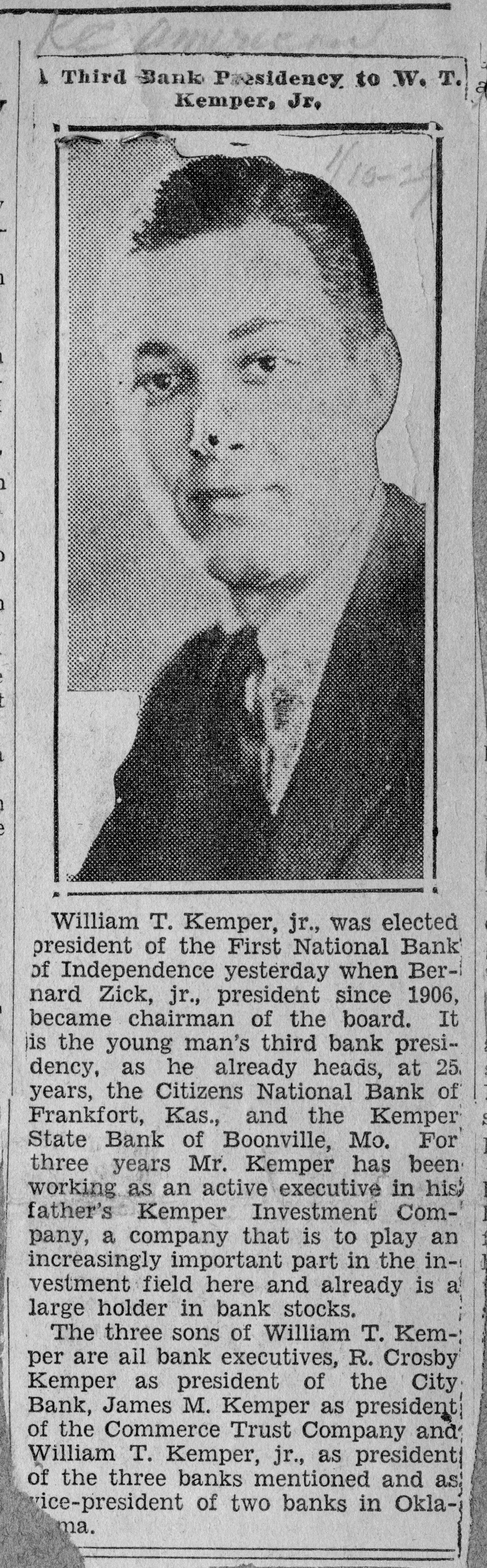 William T. Kemper, Jr. Biography | The Pendergast Years
