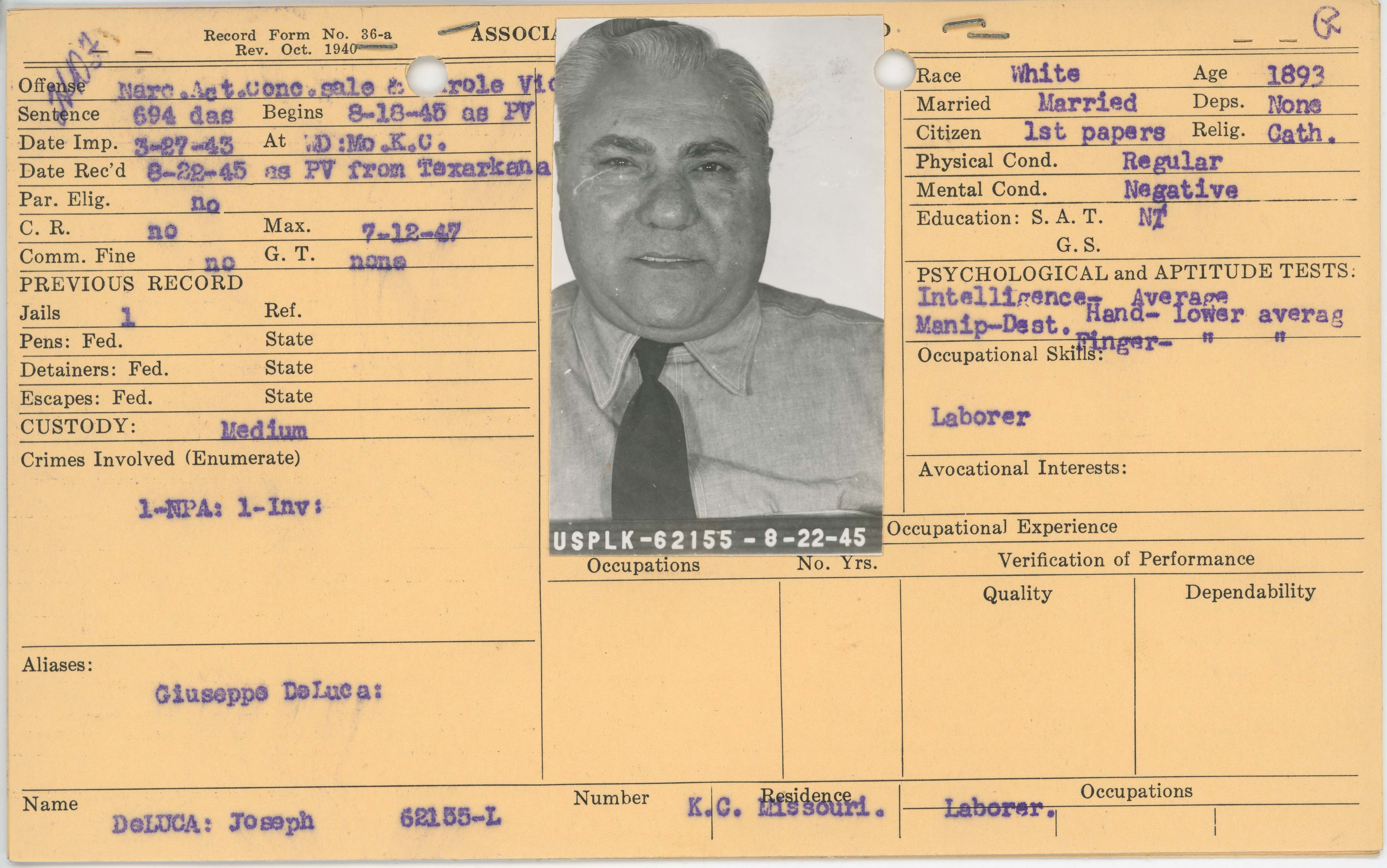 Joseph DeLuca Inmate File: Mugshot and Prison Record | The Pendergast Years