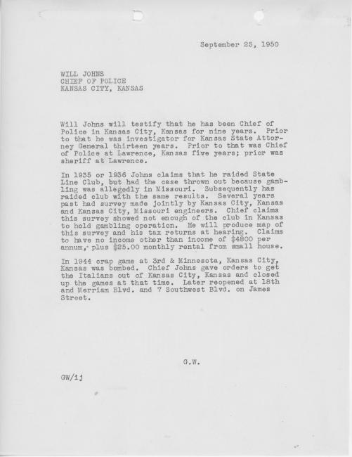 Memo re: Chief of Police Will Johns | The Pendergast Years