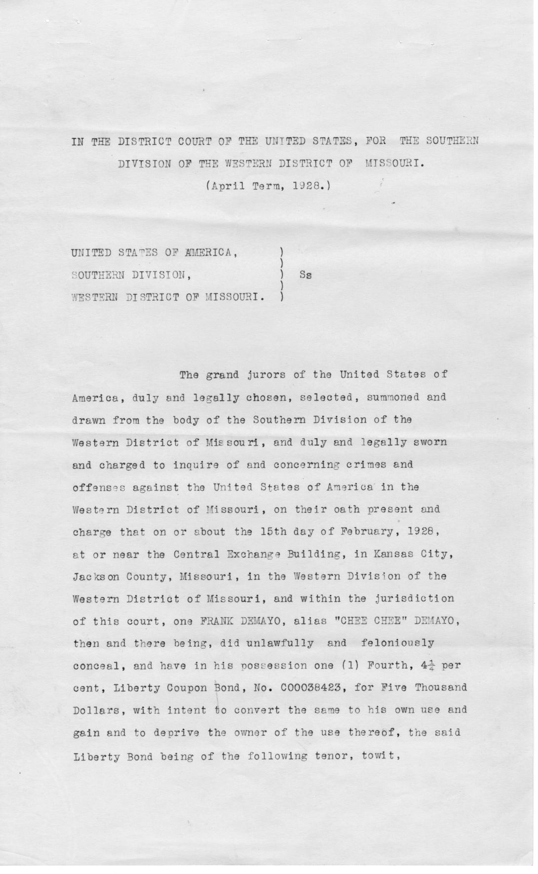 U.S. vs. Frank "Chee Chee" DeMayo: Indictment | The Pendergast Years